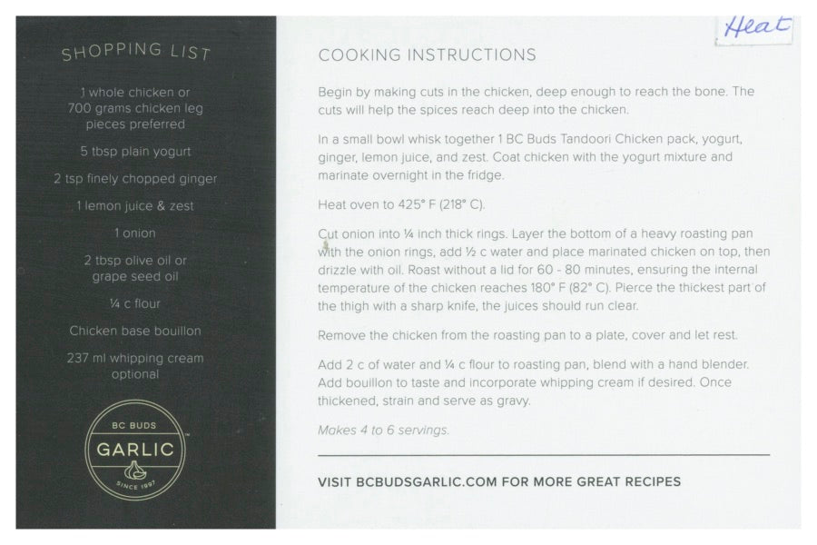 BC Buds Garlic Tandoori Chicken Dinner – BC Buds Garlic Dinners and Spices
